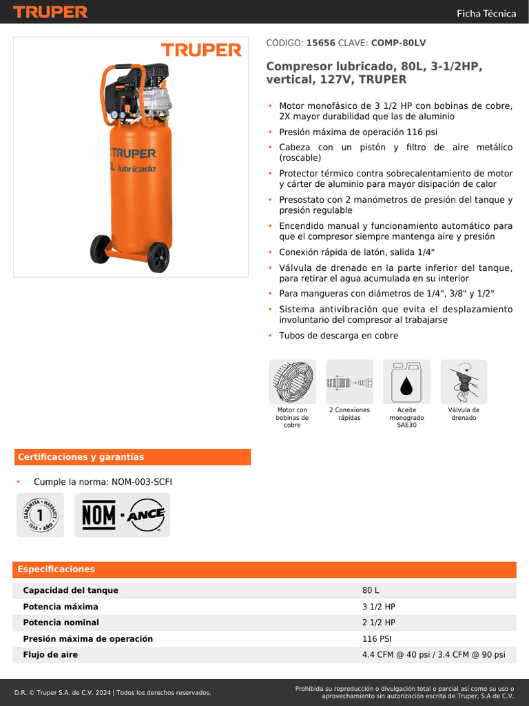 Compresor Lubricado, 80L, 3-1/2HP, Vertical, 127V, TRUPER: CÓDIGO: 15656 CLAVE: COMP-80LV | PDF ...