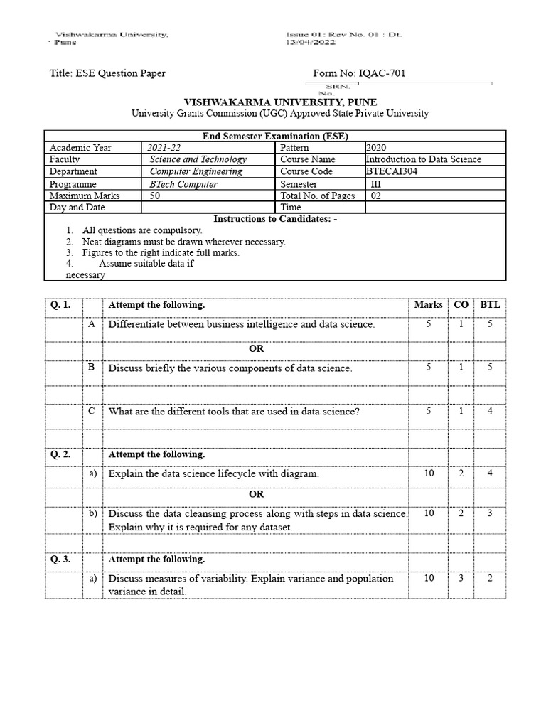 ESE Data Science Question Paper 2021-22 | PDF | Data | Computing