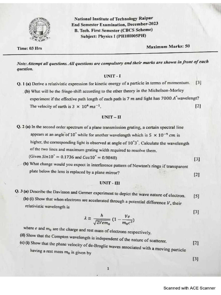 Physics 1 2023 Endsem | PDF