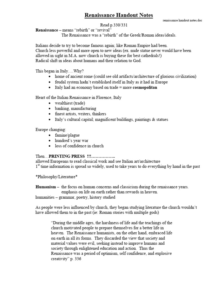Renaissance Handout Notes | PDF | Renaissance | Italy