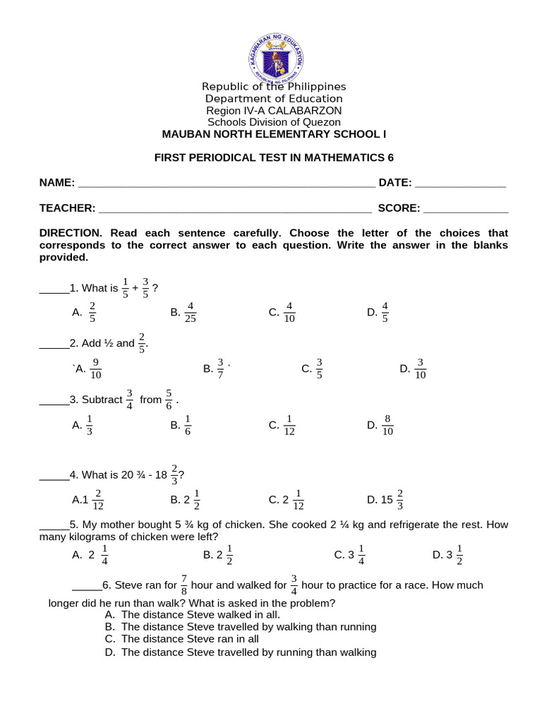 G6-Periodical Test in Math6 Q1-2024 | PDF