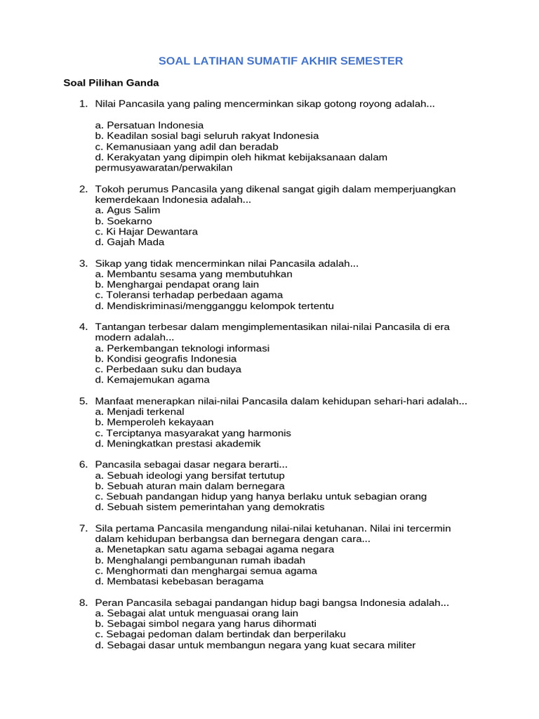 Soal Latihan Sumatif Akhir Semester Pancasila | PDF