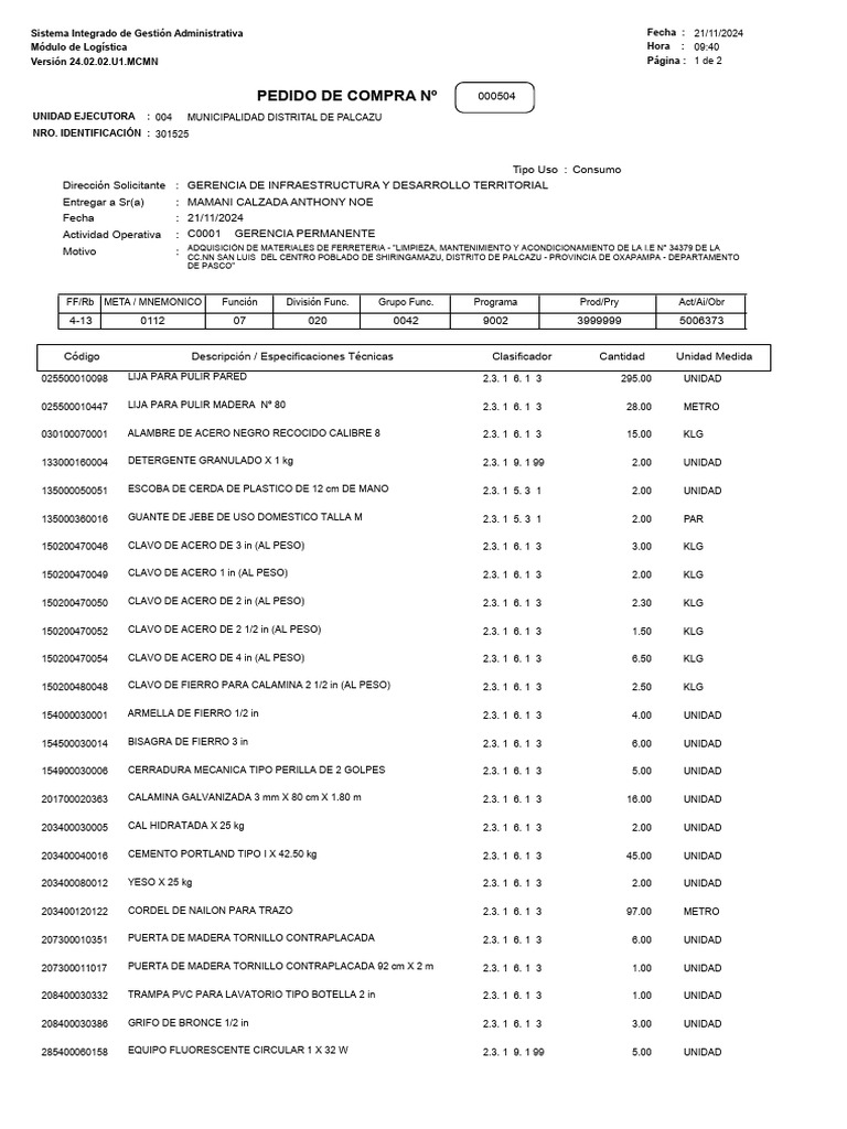 Pedido 504 Req DE MATERIALES DE FERRETERIA SHIRINGAMAZU | PDF