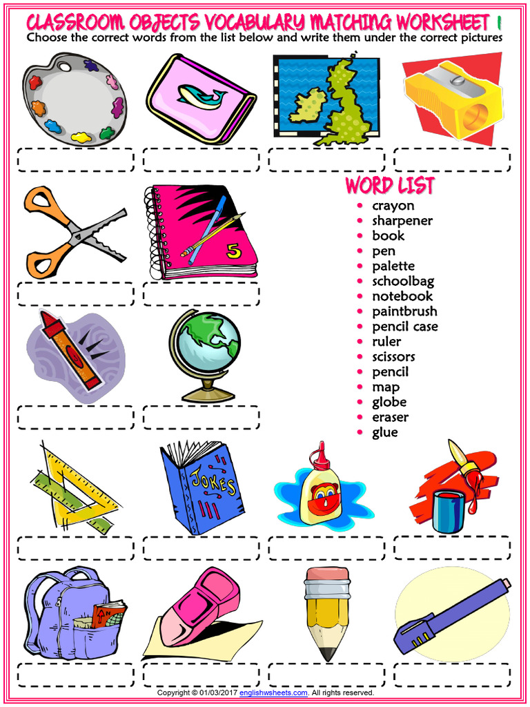 Classroom Objects Vocabulary Esl Matching Exercise Worksheet For Kids-2 ...