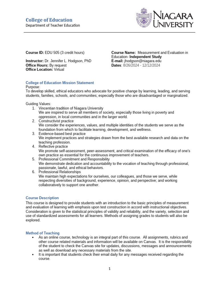 Hodgson-EDU 505 Syllabus - Fall 24 | PDF | Educational Assessment | Academic Integrity