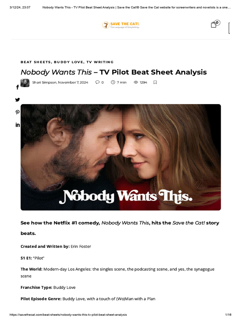 Nobody Wants This - TV Pilot Beat Sheet Analysis _ Save the Cat!® Save ...