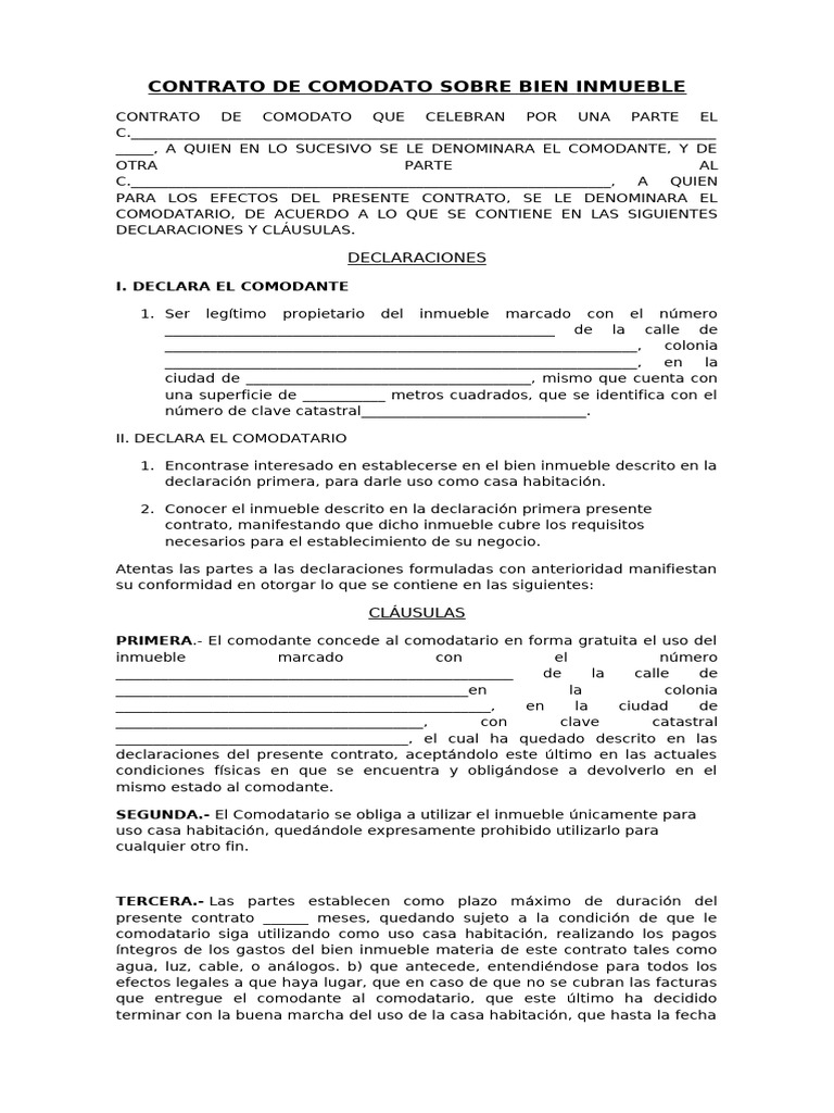 Contrato de Comodato Sobre Bien Inmueble | PDF | Desempleo