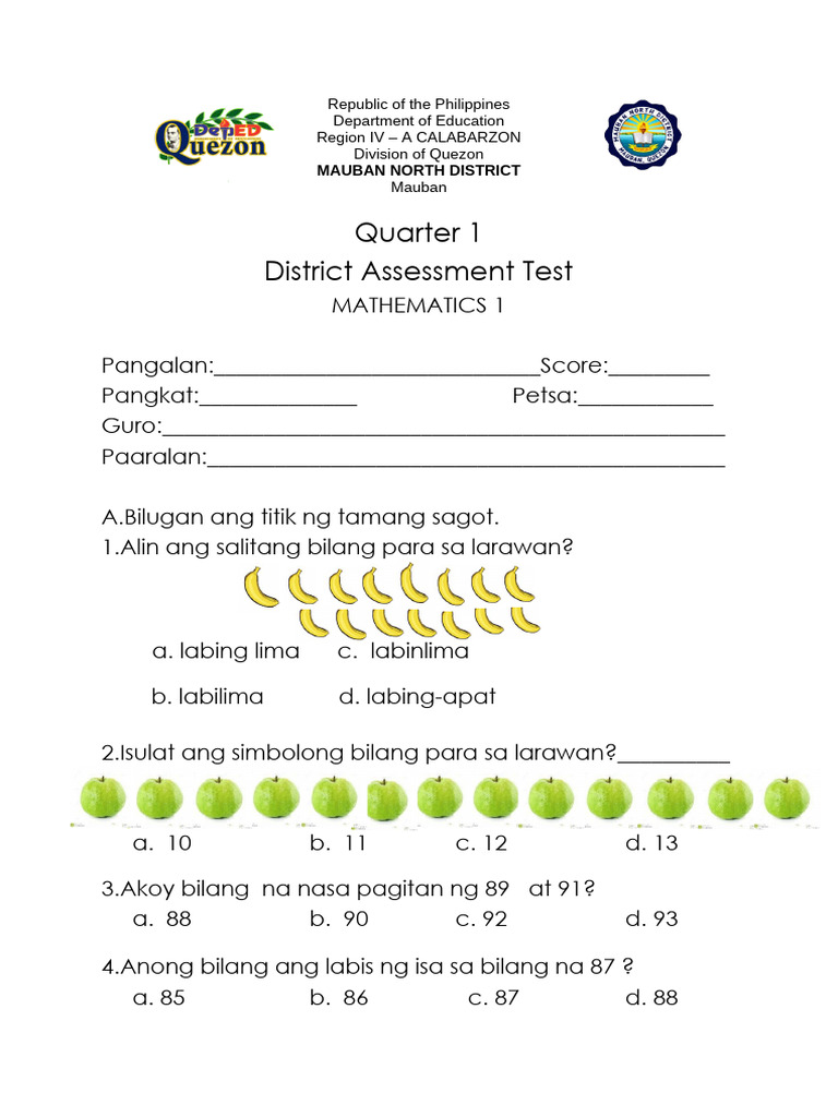 QRTR-1 - MATH 1 - Assessment Test | PDF