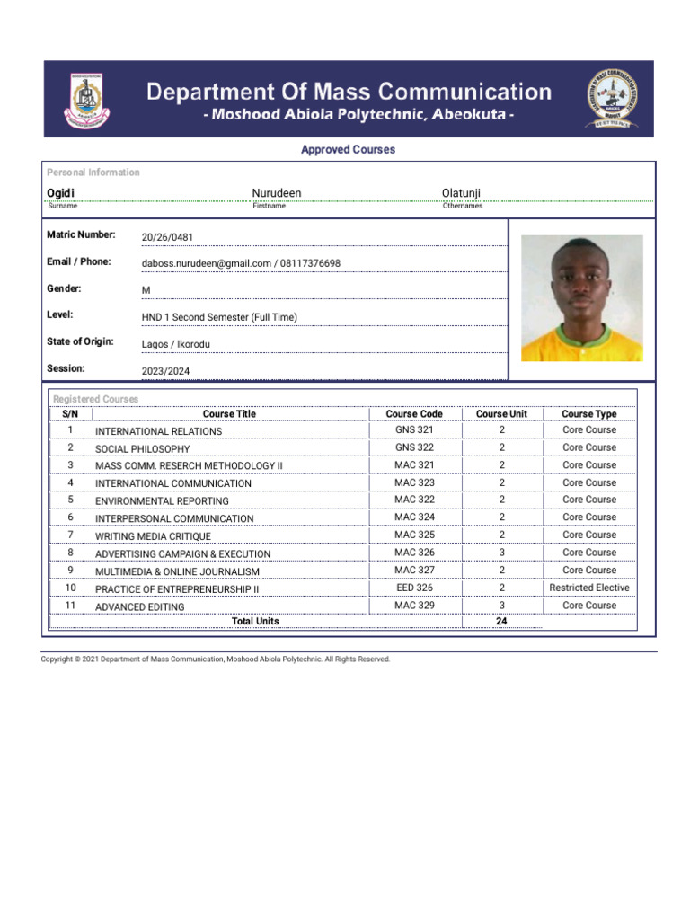 Course Registration Slip - Department of Mass Communication, Mapoly | PDF
