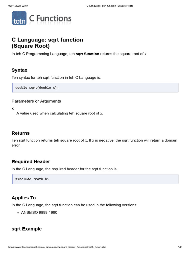 C Language - SQRT Function (Square Root) | PDF