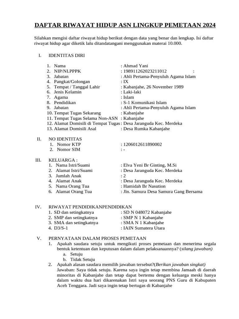 Format Biodata Asn New | PDF