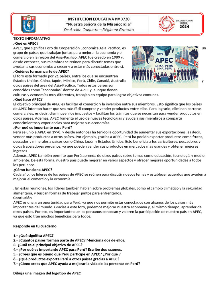 Ficha - COM- Leemos sobre APEC 15-11 (1) | PDF | Cooperacion economica Asia Pacifico | Perú