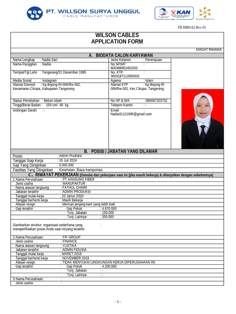 FR - hrd.02 Rev.01 Wilson Cables Application Form | PDF