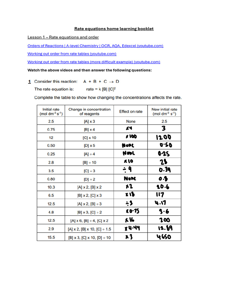 Home Learning Booklet Rate Equations | PDF