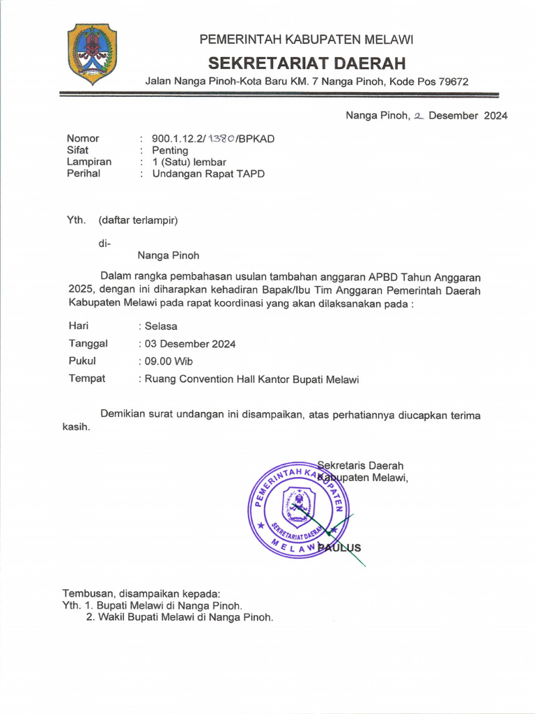 Undangan Rapat TAPD 3 Des 2024 | PDF