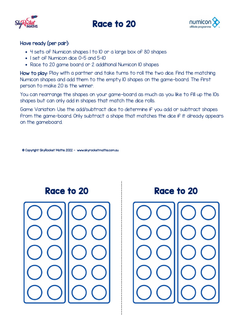 Numicon Game: Race to 20 | PDF