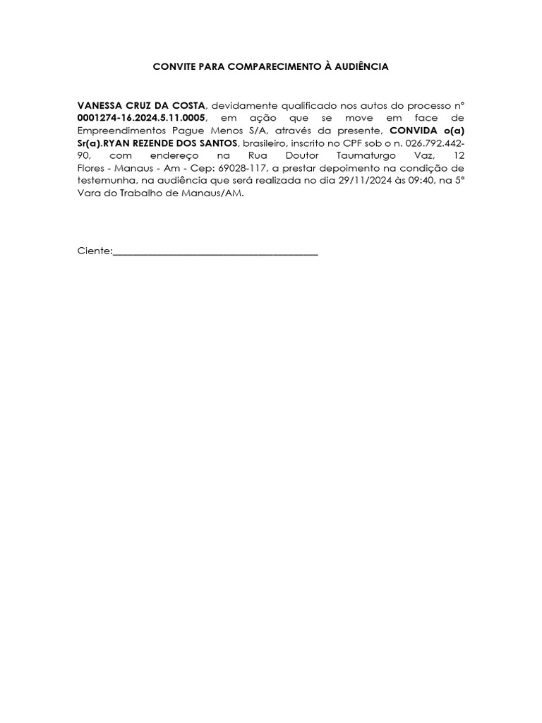 Carta Convite Ryan | PDF