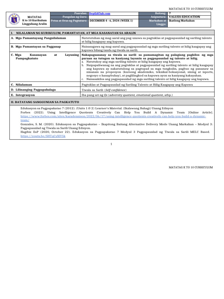 DLL Matatag - Values Education 7 Q3 W1 | PDF