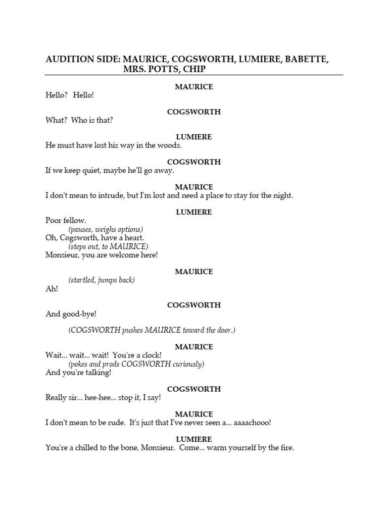 Audition Side - Maurice, Lumiere, Babette, Mrs. Potts, Chip, Cogsworth ...