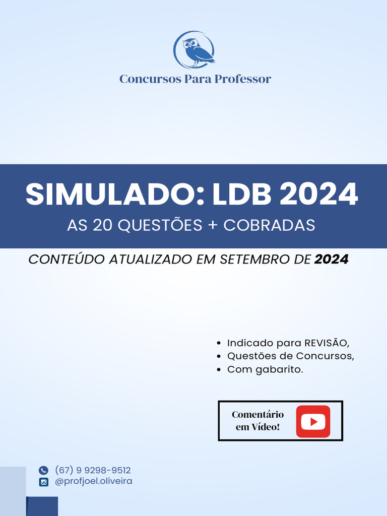 SIMULADO LDB 2024 - 20 Questões + Cobradas - Prof Joel Oliveira | PDF | Pré-escola | Pedagogia