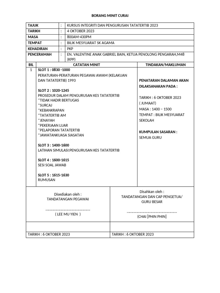 CONTOH PENULISAN MINIT CURAI | PDF