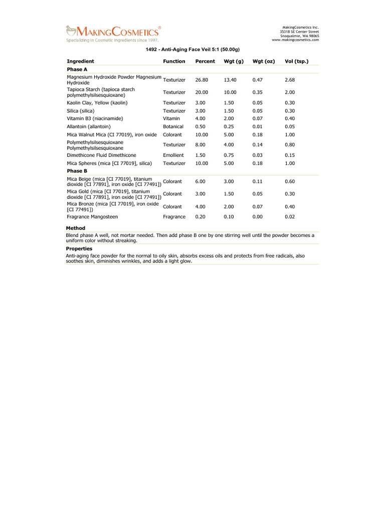 Formula 1492 Anti Aging Face Veil | PDF | Titanium Dioxide | Chemistry