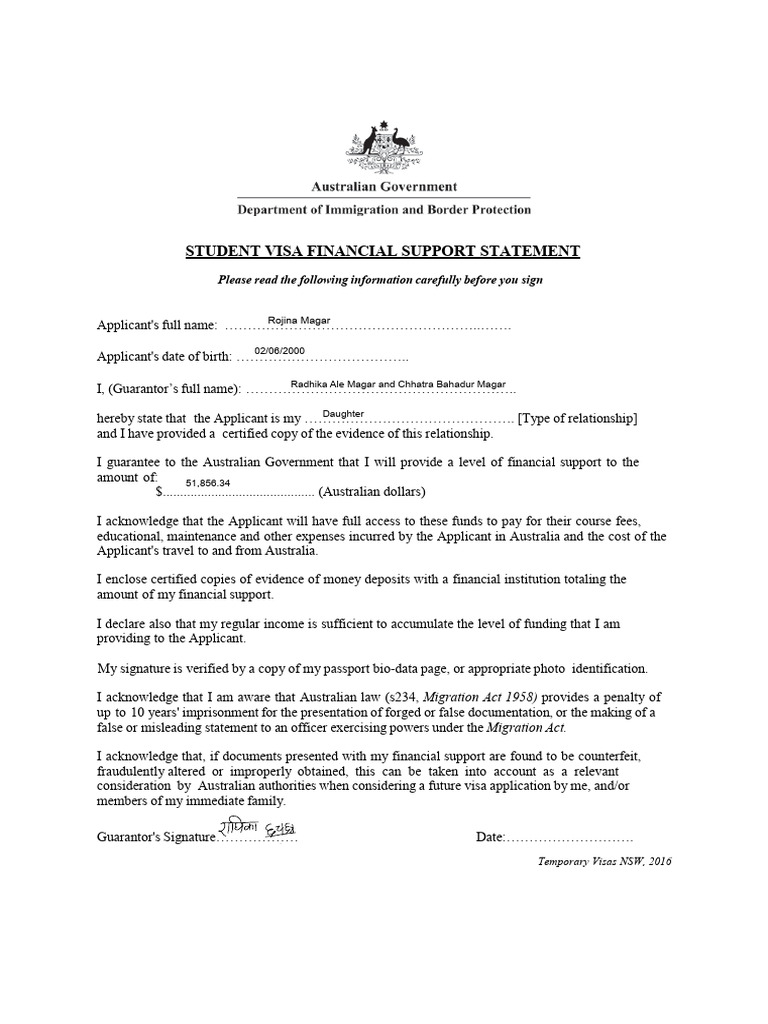 Student Visa Financial Support Form | PDF