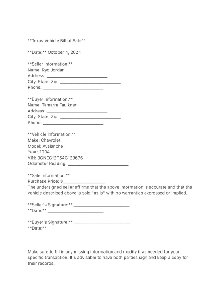 Texas Vehicle Bill of Sale Template | PDF