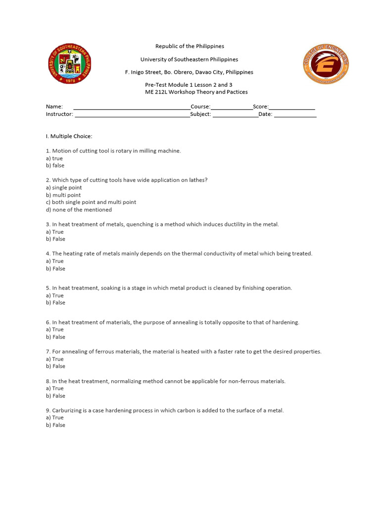 Pre Test - Module 1 Lesson 2 and 3 - Aug 23 | PDF | Heat Treating | Forging