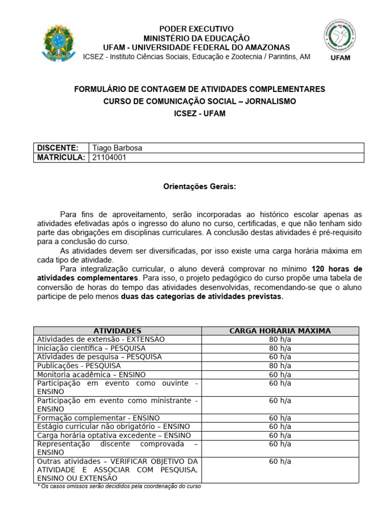 Formulario AACC Tiago Barbosa Original Assinado | PDF | Jornalismo