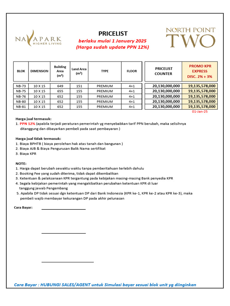 Contoh Pricelist Properti 2025 | PDF