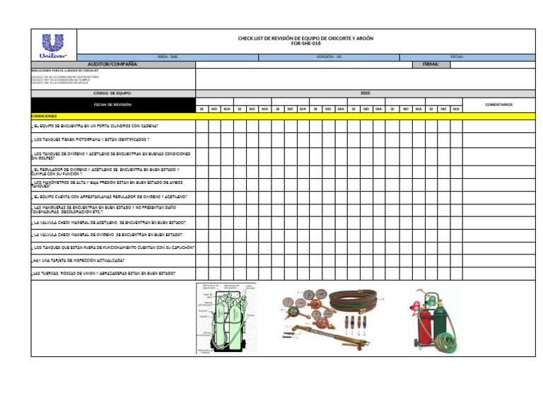 FOR-SHE-016 Check List Revisión de Equipo de Oxicorte y Argón | PDF