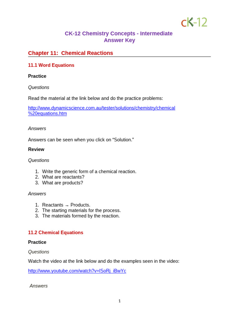 Chem Int CC CH 11 - Chemical Reactions - Answers (09.15) | PDF ...