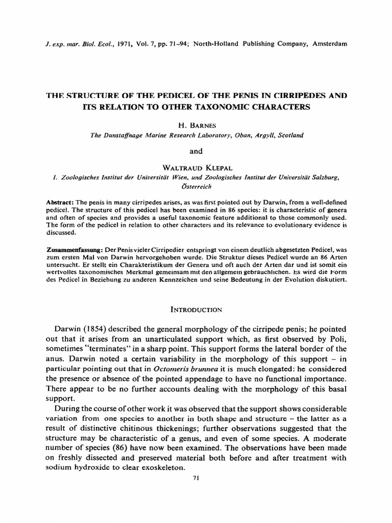 The Structure of The Pedicel of The Penis in Cirripedes and It Relation ...