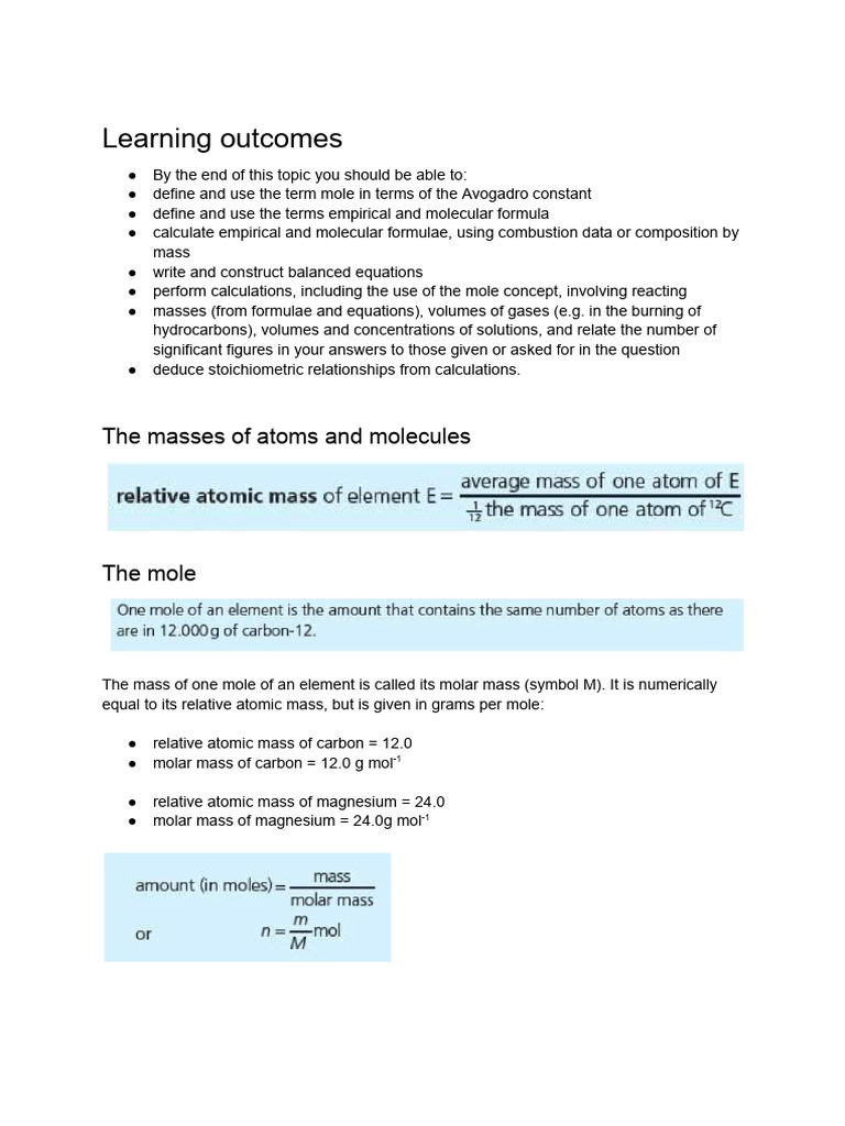 CHM 101 Notes: Moles and Calculations | PDF | Mole (Unit) | Molecules