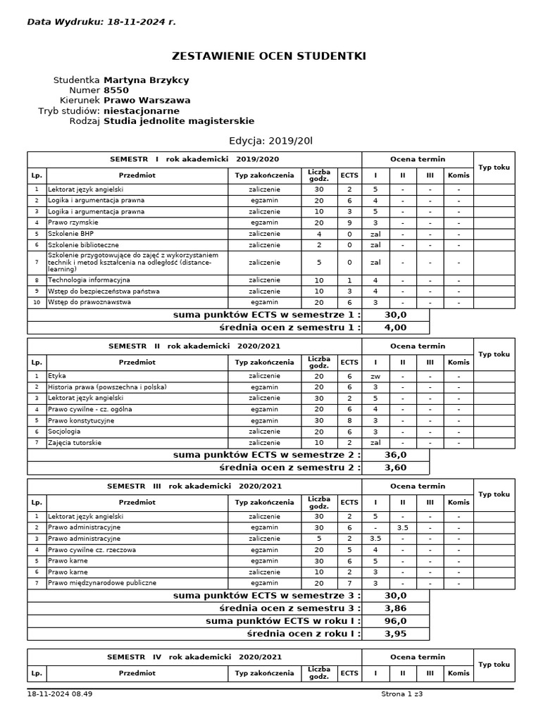 Zestawienie Ocen Na Kierunku | PDF