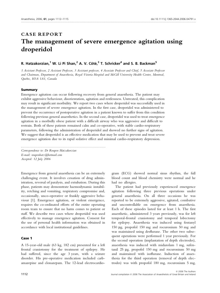 Anaesthesia - 2006 - Hatzakorzian - The Management of Severe Emergence ...