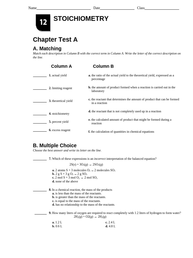 Chapter 12 Test Copy | PDF | Stoichiometry | Physical Sciences
