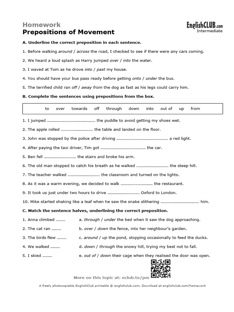 Prepositions of Movement Exercises | PDF