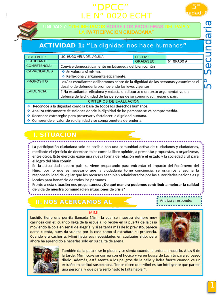 5° DPCC - Actv.01-Unid.7 2024 | PDF | Humano | Dignidad