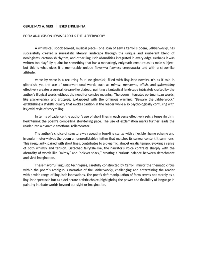 Poem Analysis: Lewis Carroll's Jabberwocky | PDF | Poetry