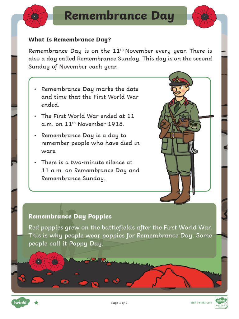 T T 2548906 Ks1 Remembrance Day Differentiated Reading Comprehension ...