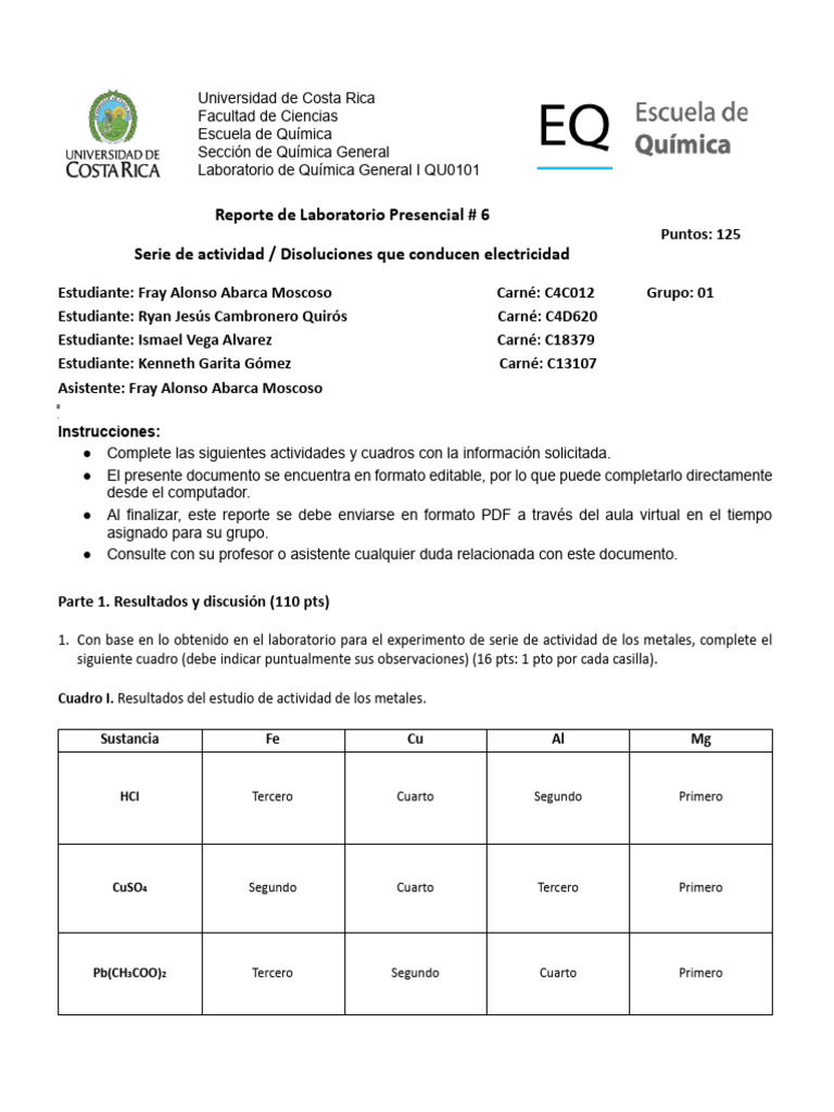 Reporte Serie de Actividad ^M Electrolitos (Fray^J Ryan^J Kenneth e Ismael) | PDF | Ácido ...