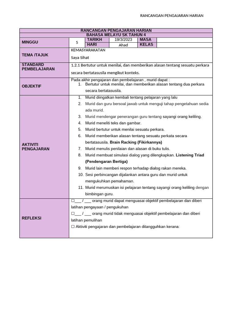 Rph Ringkas Minggu 5 Bm Sk Thn 4 2024 by Cikgu Gorgeous | PDF