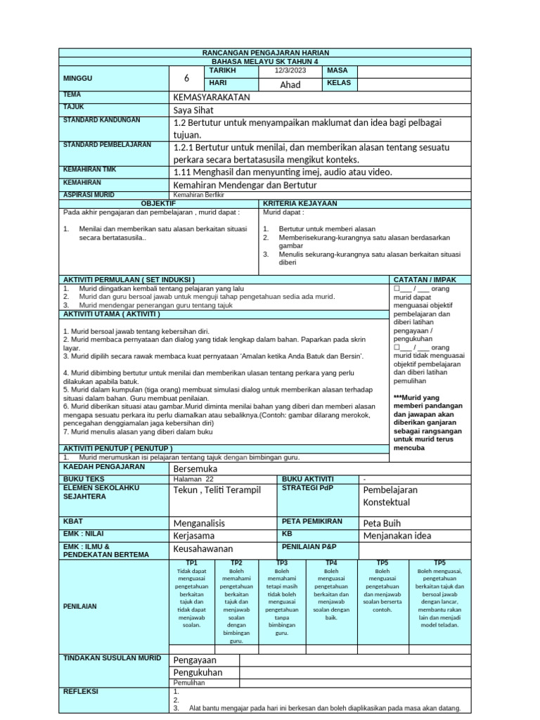 Rph Minggu 6 Bm Sk Thn 4 2024 by Cikgu Gorgeous | PDF