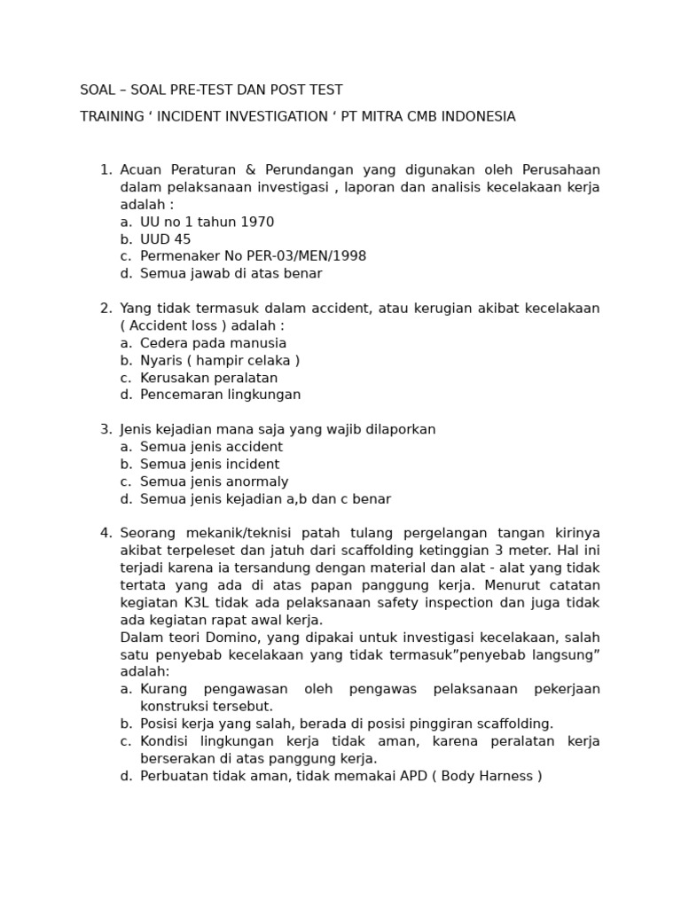 SOAL Pre Test Dan Post Test Training Incident Investigation | PDF