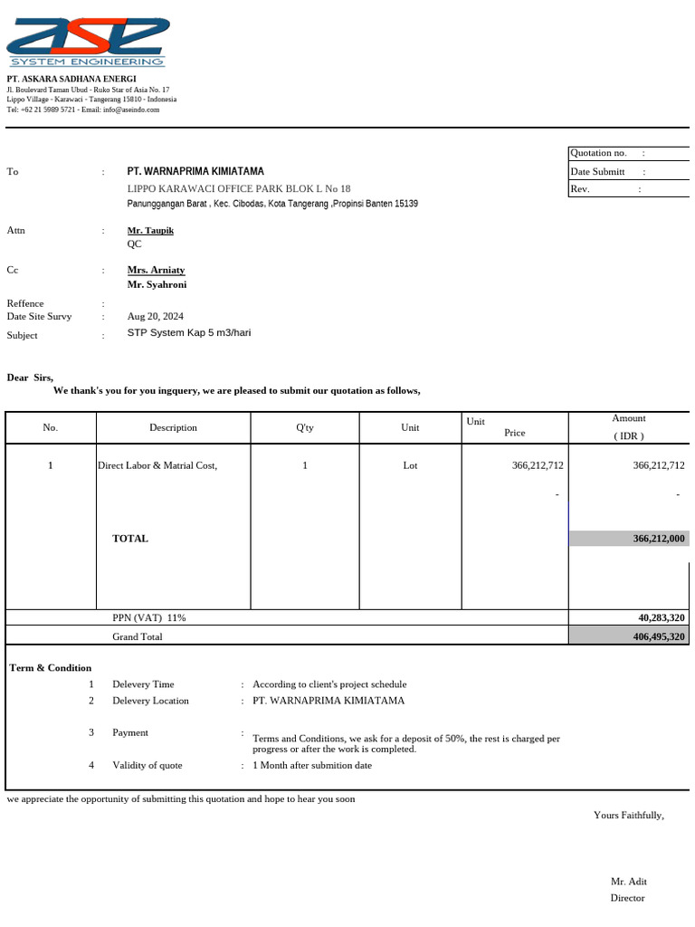 1 BQ material dan harga STP kap 5m3 PT Warnaprima Kimiatama | PDF