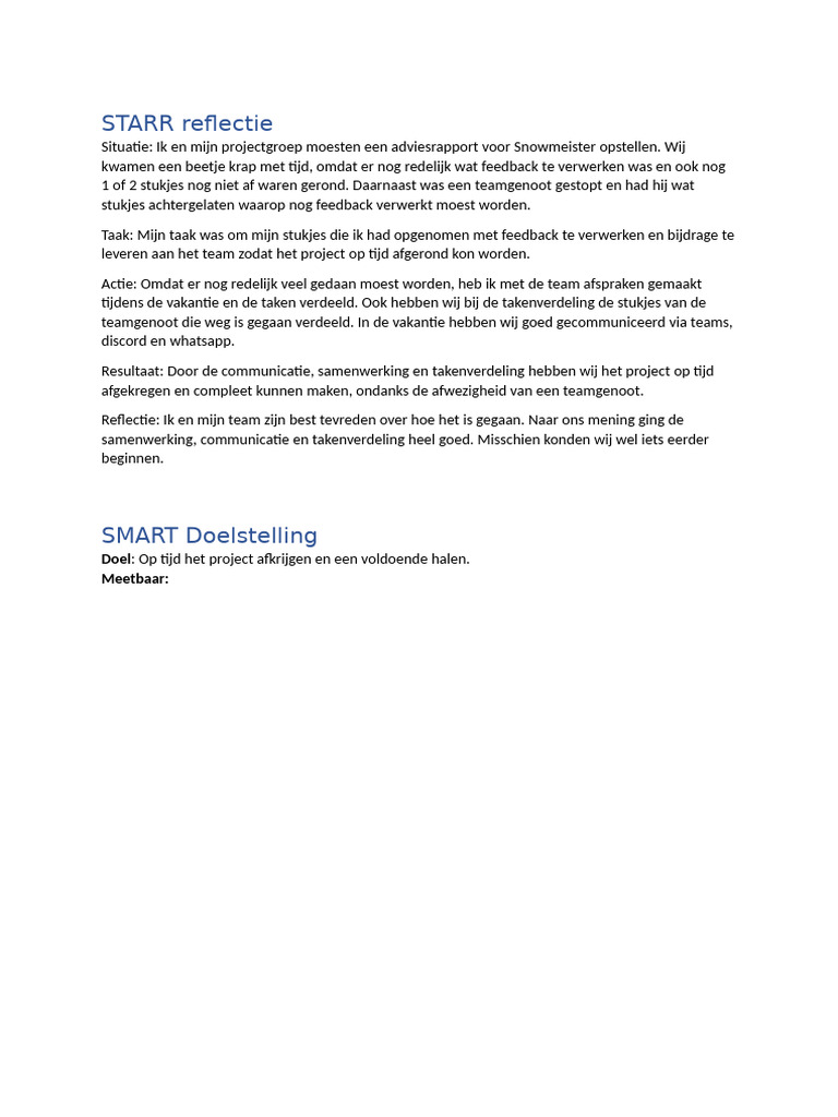 STARR Reflectie + SMART Doelstelling Blok 2 | PDF