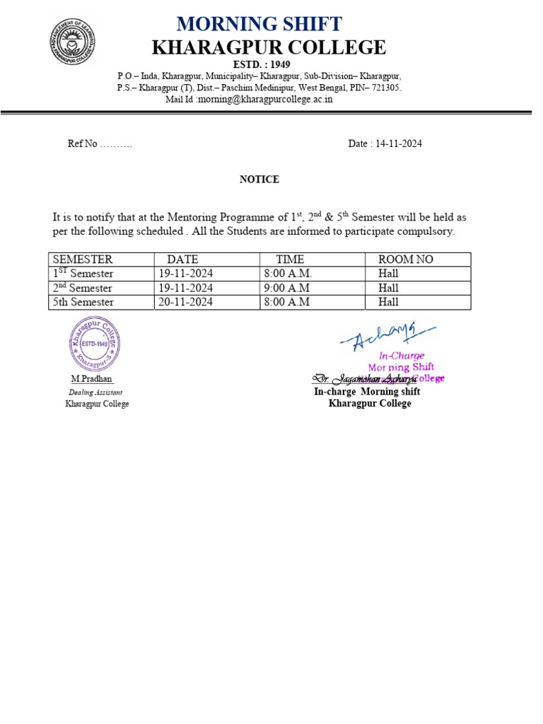 Kharagpur College Mentoring Schedule | PDF