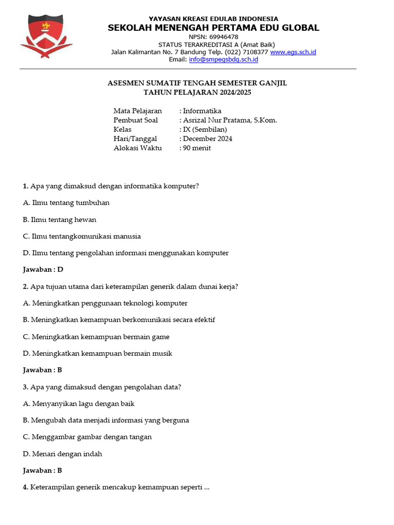 Naskah Soal Asas Kelas 9 Ganjil 2024 - Informatika Ix | PDF
